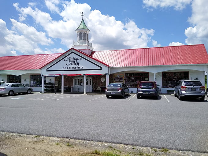 Sunshine gleams off Antique Alley's iconic red roof, a beacon for treasure hunters cruising through Bridgeville.