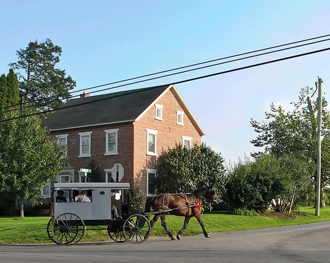 This brick farmhouse and passing buggy create the perfect snapshot of Bird-in-Hand's timeless rural charm.