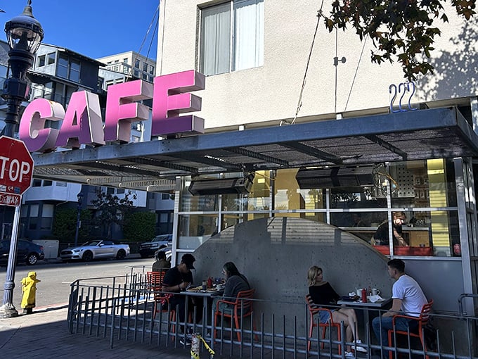 Morning sunshine hits Cafe 222's outdoor seating area, where peanut butter waffles have caused spontaneous happy dances for decades.