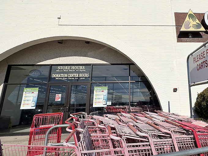 Those shopping carts stand ready for action, like chariots awaiting bargain-hunting warriors at Community Aid.