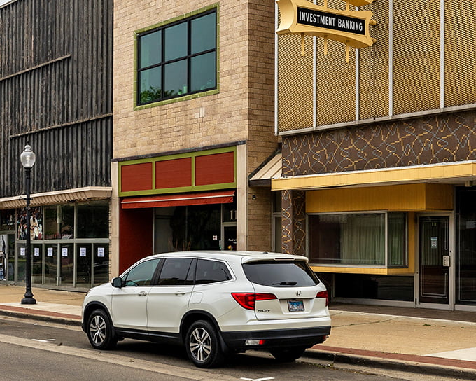 Noah's Ark Pet Shoppe anchors this colorful block of Danville's downtown, where local businesses thrive on community connections.