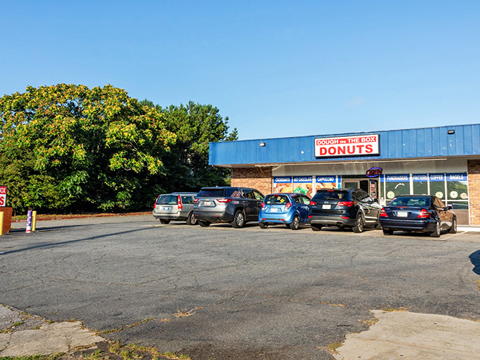 Morning sunshine and a blue awning mark the spot where donut dreams come true. Dough In The Box keeps it simple and simply delicious.