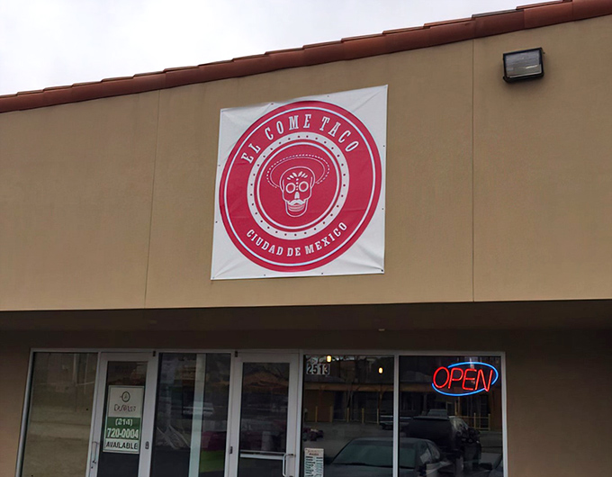 El Come Taco's storefront might be simple, but that "OPEN" sign is the most beautiful word in the English language.