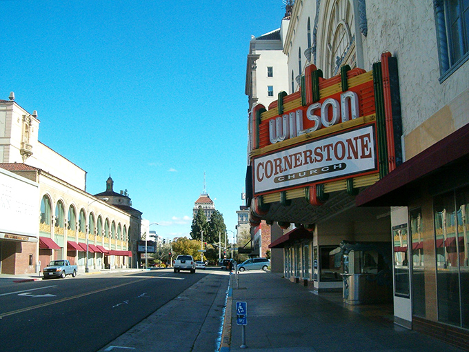 The Wilson Theater's vintage sign stands as a colorful reminder of Fresno's rich history, where retirement savings go further under Central Valley skies.