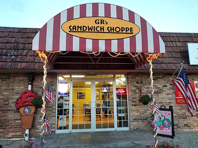 The classic red and white awning at GR's stands guard over sandwich perfection. No filter needed&mdash;just pure Wisconsin deliciousness.