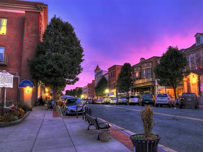 Twilight transforms Havre de Grace into a painting, with historic storefronts glowing under a cotton candy sky. Norman Rockwell would approve!