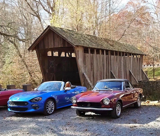 Classic cars meet classic architecture at Pisgah Bridge. Some relationships were just meant to be&mdash;like vintage wheels and weathered wood.