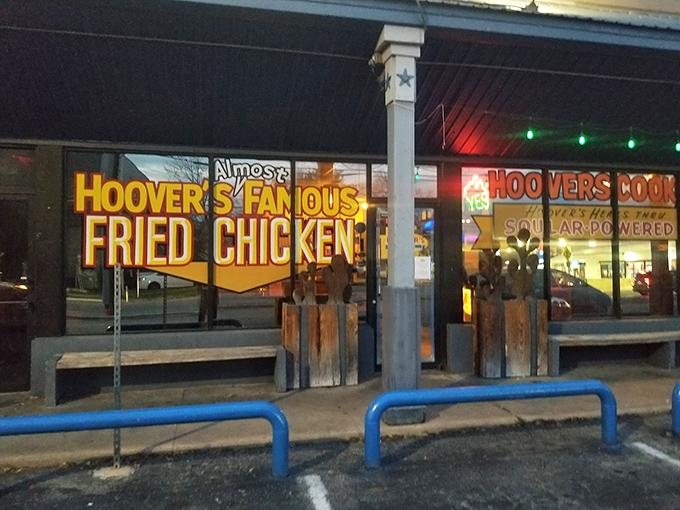 After dark, Hoover's transforms into a neon-lit temple of fried chicken worship. The night is young, but that chicken is perfectly aged.