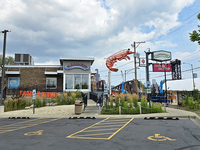 Lawrence's outdoor space welcomes hungry visitors with a giant shrimp that says, "Yes, we're serious about seafood."
