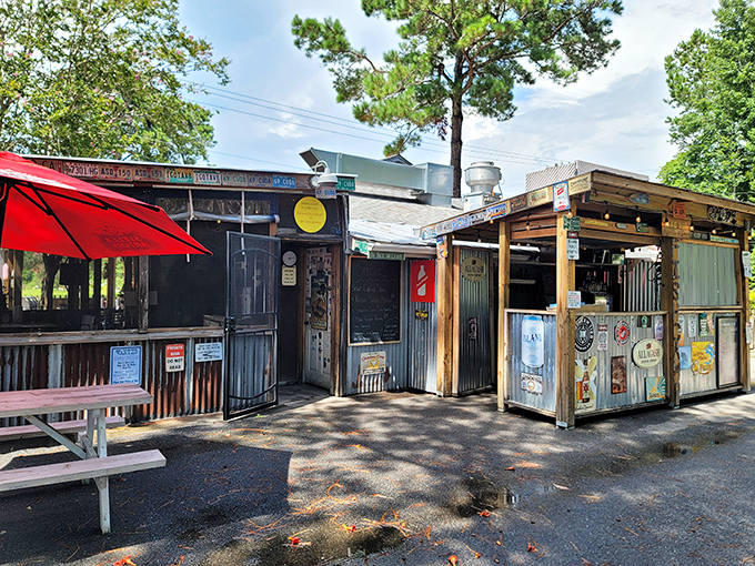 Weathered wood and corrugated metal &ndash; the universal language of "our seafood is the real deal."