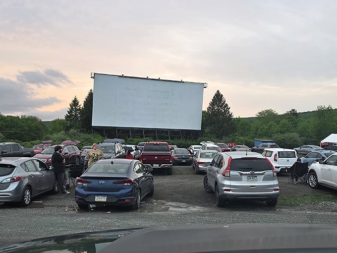 Cars gather like eager moviegoers from another era, waiting for darkness to transform this field into cinema paradise.