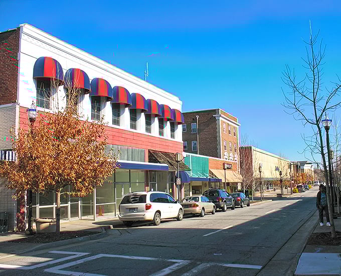 The red and blue awnings add a splash of color to Martinsville's downtown, like patriotic bunting on a year-round parade.