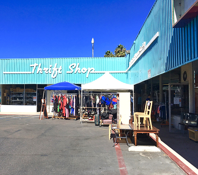 Outdoor displays under California sunshine make browsing for bargains at this coastal thrift shop feel like a vacation activity.