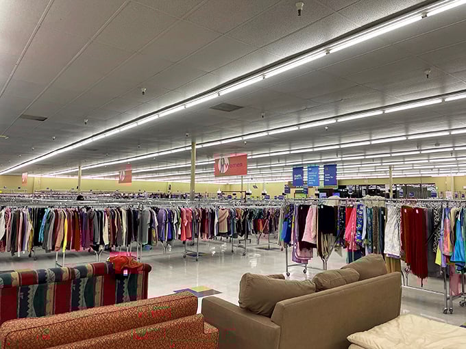 Inside Savers, a sea of clothing racks stretches to the horizon. Somewhere in this fabric ocean hides your next favorite outfit.