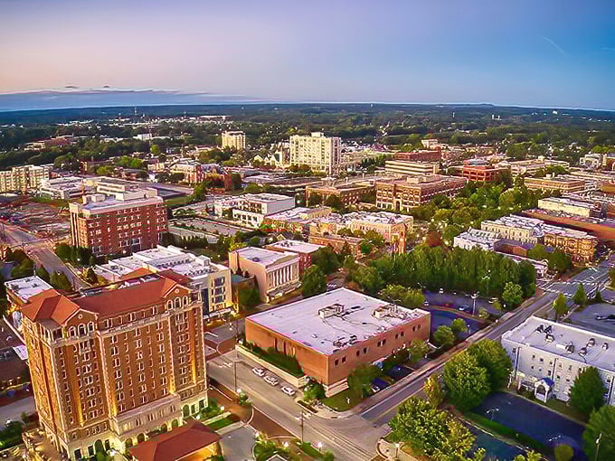 Bird's eye beauty! The brick buildings and tree-lined streets create a patchwork quilt of small-town perfection.