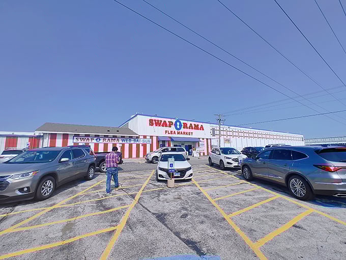 Parking lot packed with possibility! Shoppers flock to Alsip's Swap-O-Rama, where every visit is a new adventure.