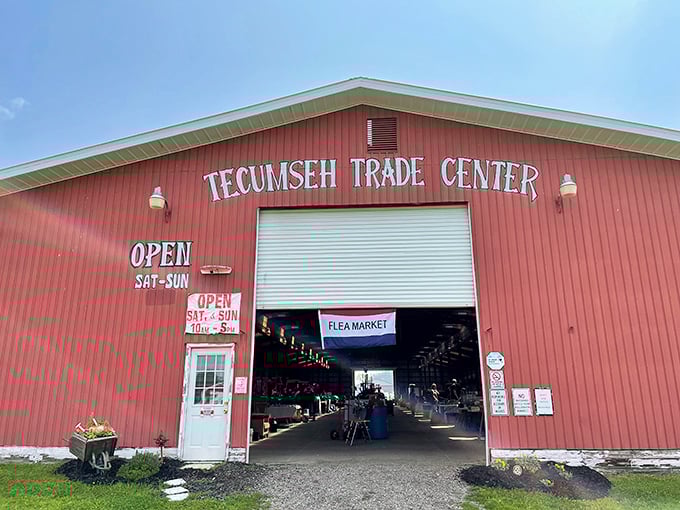 The big red barn beckons! Tecumseh Trade Center's welcoming entrance promises weekend adventures regardless of Michigan weather.