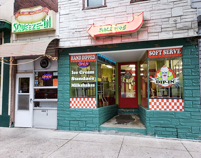 "Since 1945" says the arrow sign, pointing to decades of hot dog happiness in this mint-green time capsule.