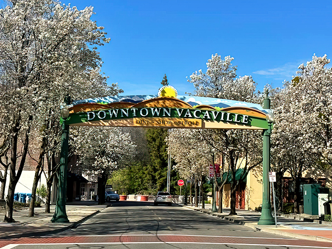 Spring blossoms frame this charming entrance, welcoming retirees to their new favorite walking destination.