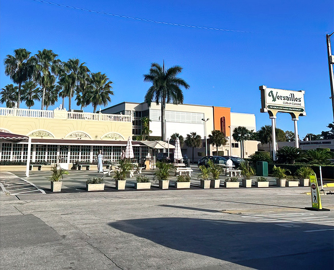 The grand entrance to Miami's unofficial Cuban embassy, where politics are debated and Cuban sandwiches are devoured daily.
