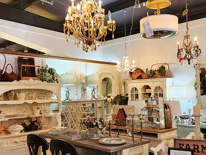 Vintage Marketplace: Crystal chandeliers and farmhouse finds create the perfect blend of elegance and down-home comfort for discerning shoppers