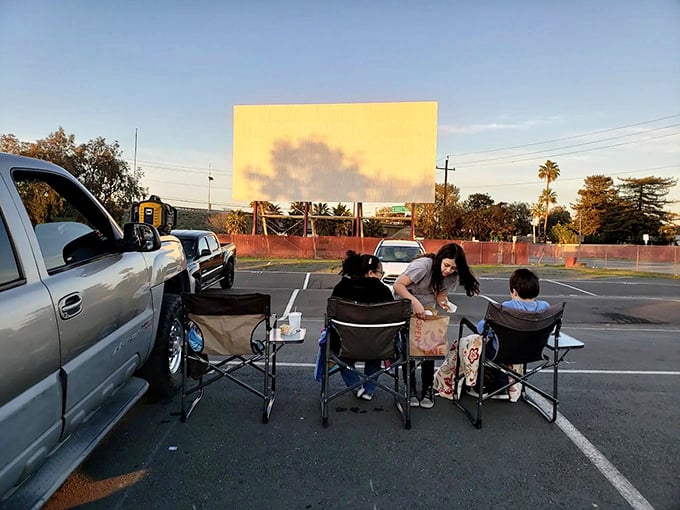 Family picnic meets Hollywood premiere at Concord's drive-in, where lawn chairs become front-row seats.