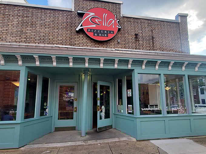 The charming architectural details of Zella's storefront hint at the care inside. Those columns frame a doorway to pizza paradise in Baltimore.