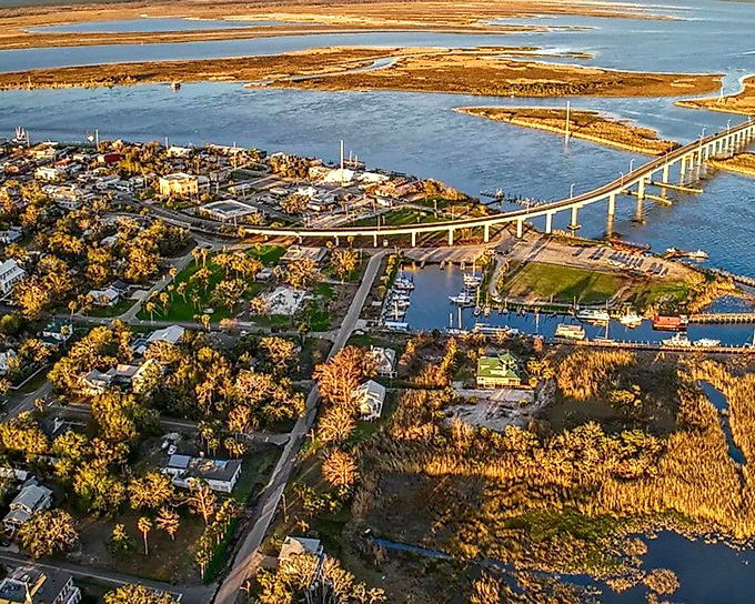 From above, Apalachicola reveals its perfect marriage of land and water, with the iconic bridge connecting this seafood haven to the wider world.