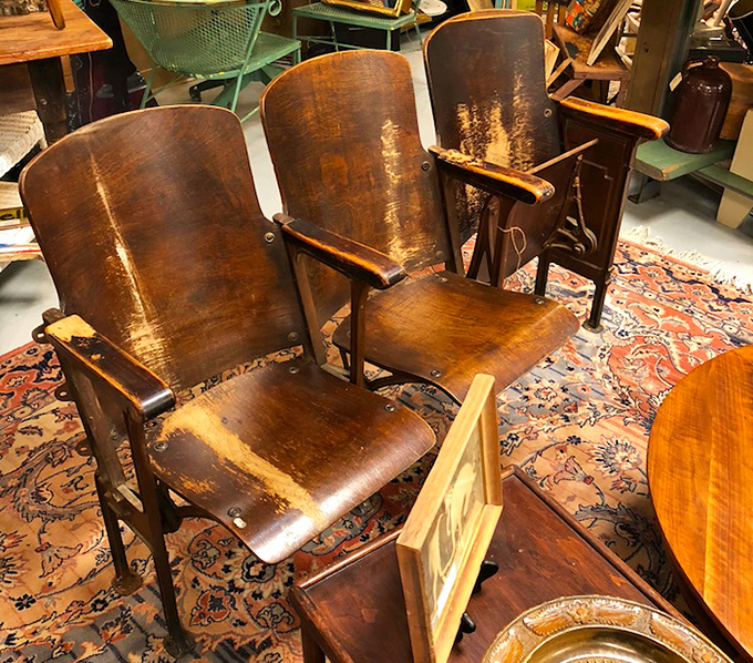These wooden theater seats have witnessed countless standing ovations. Now they're ready for a second act in someone's home, patina and all.