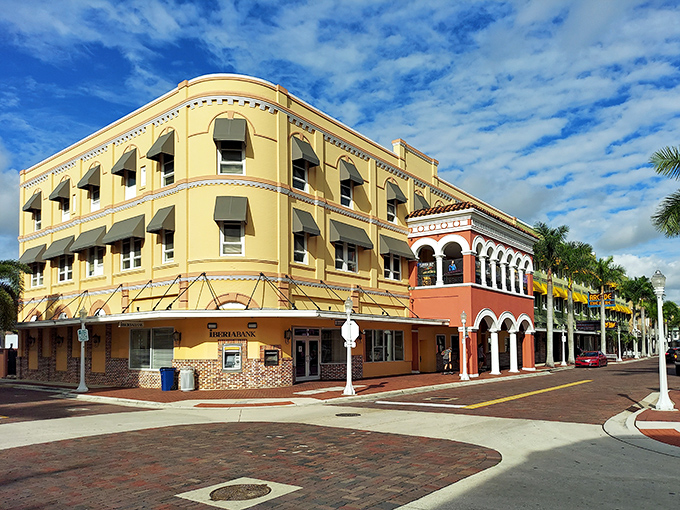 The historic Bradford Block building anchors downtown with its sunny yellow façade. This architectural grande dame has witnessed decades of Fort Myers history while barely changing her stylish appearance.