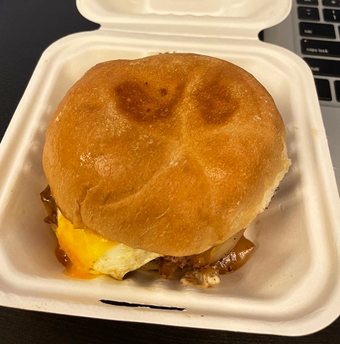 Breakfast nirvana in a foam container - that perfect runny yolk creating nature's most delicious sauce for your morning sandwich adventure.