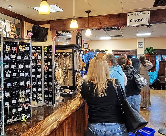 The checkout counter doubles as treasure island for jewelry hunters. That necklace display could turn anyone into a modern-day pirate saying "That's mine!"
