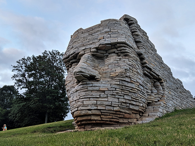Up close, the 12-foot limestone Chief Leatherlips monument is both an artistic marvel and nature's most impressive jigsaw puzzle.