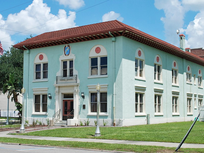 Arcadia's mint-green City Hall stands as a perfect example of Florida's Mediterranean Revival architecture, like a sorbet-colored sentinel guarding the town's history.