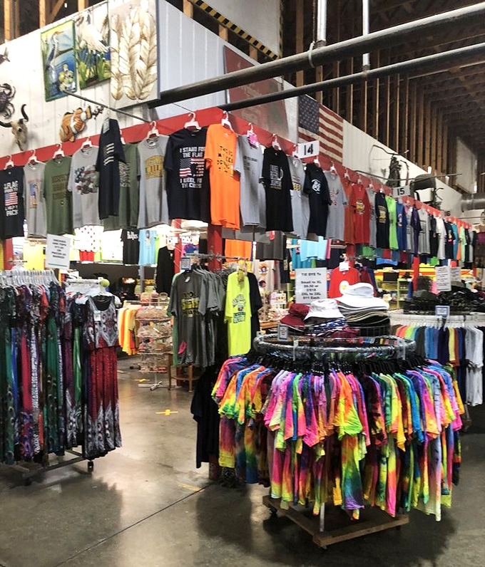 A rainbow explosion of tie-dye meets practical Florida wear. The shirt selection alone could outfit a small nation or one very enthusiastic Jimmy Buffett fan club.