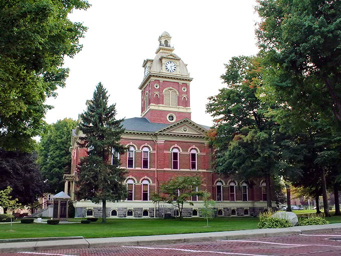 The 1878 LaGrange County Courthouse stands as the town's crown jewel, its brick facade and clock tower keeping watch over the community.