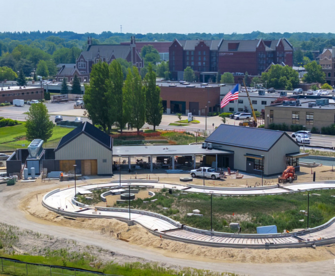 New development mingles with classic architecture, showing how Holland balances growth while maintaining its distinctive character and small-town appeal.