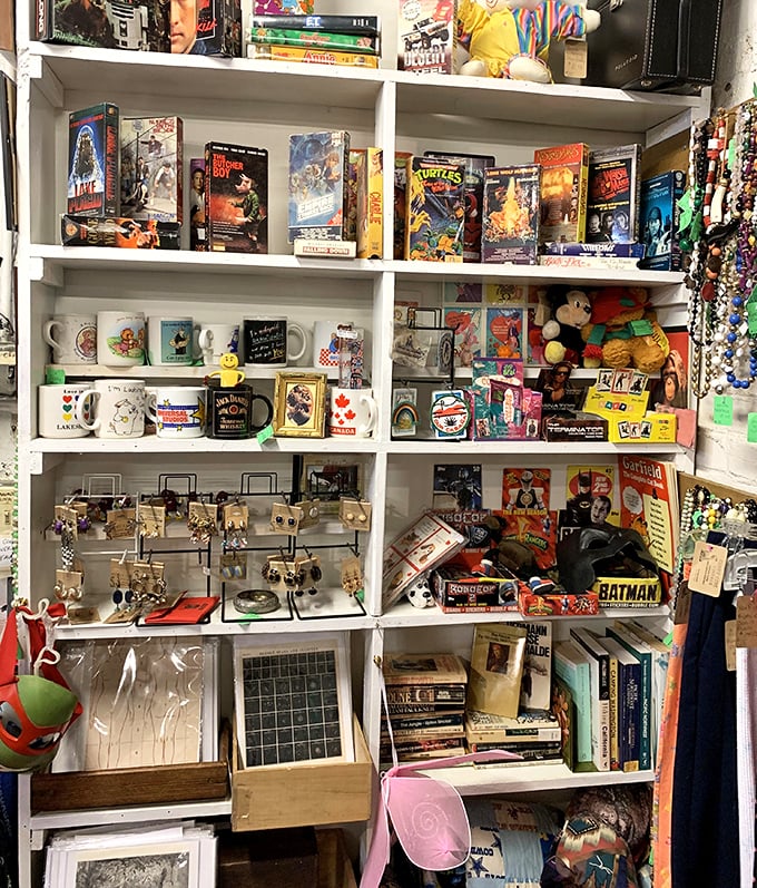 Every shelf tells a story: from Batman VHS tapes to quirky coffee mugs that survived decades of morning routines.