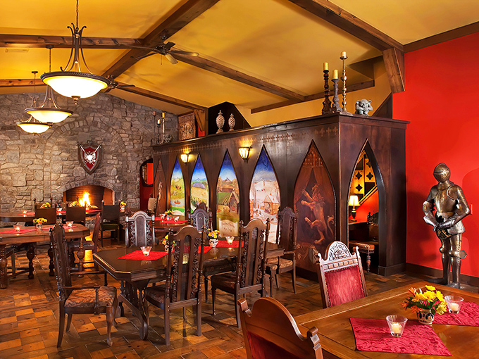 Dine like royalty in this Great Hall where suits of armor stand guard and stained glass catches the firelight. Medieval ambiance without the medieval plumbing!