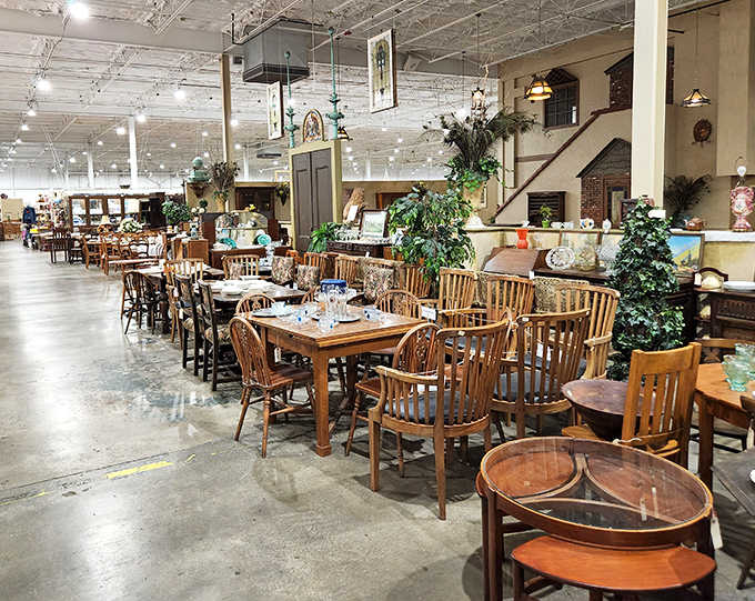 A forest of wooden chairs and tables awaits new homes, each one silently holding stories of family dinners and holiday gatherings from decades past.