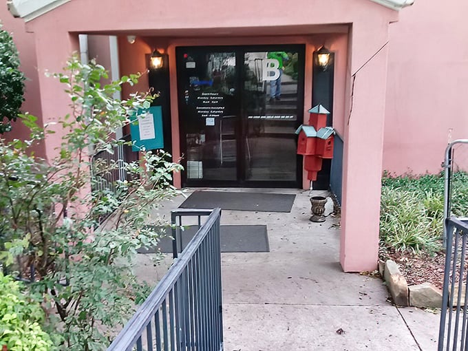 The salmon-colored entrance might seem unassuming, but it's actually a portal to the parallel universe where shopping and charitable giving become one.