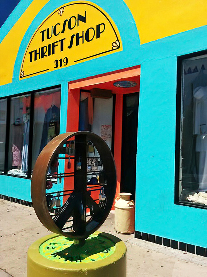 The red door serves as a portal to bargain paradise, with the peace symbol outside setting the free-spirited tone.