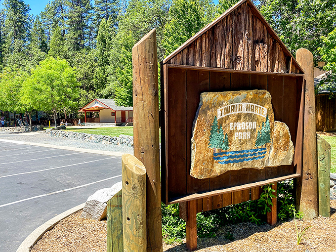 This rustic wooden sign might as well say "Welcome to Relaxation Station." The perfect introduction to Twain Harte's pine-scented paradise.