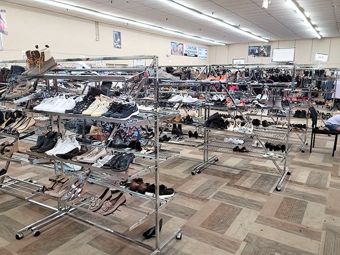 Footwear paradise! Row after row of shoes proving that Cinderella could have found her perfect fit without needing that fairy godmother after all.