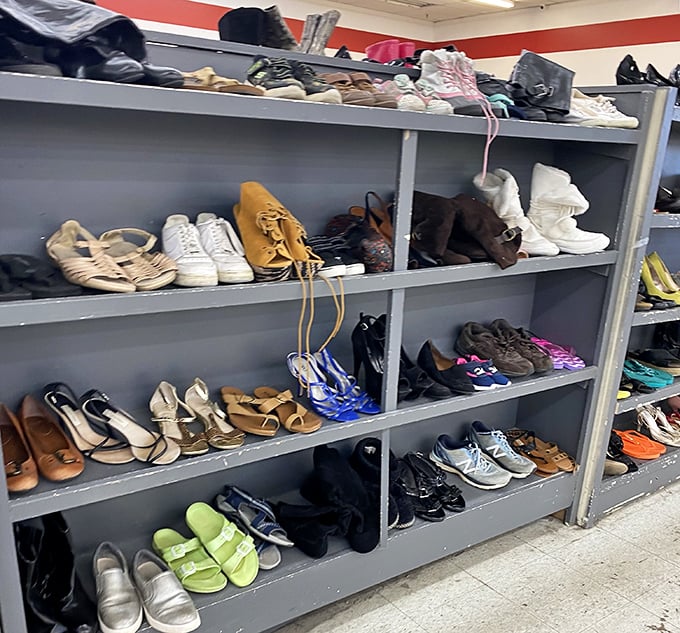 Rows of shoes organized like a footwear library where every sole tells a different story.