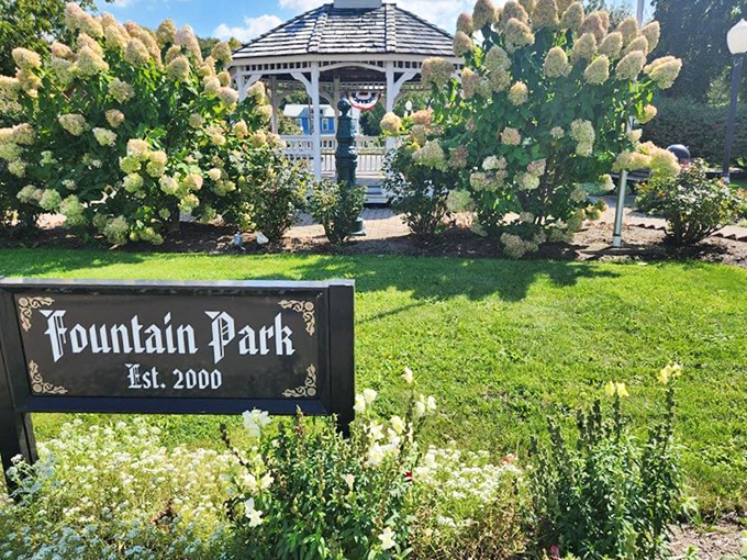 Fountain Park's gazebo sits surrounded by hydrangeas like a wedding cake decorated with nature's finest frosting.