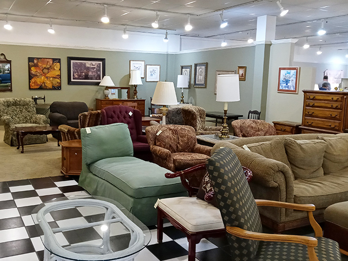 A living room showroom that rivals any furniture gallery, where vintage charm meets modern comfort at prices that won't induce heart palpitations.