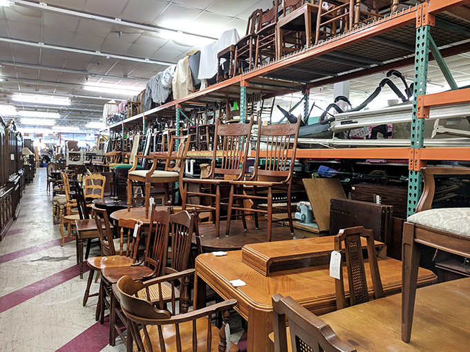 The furniture section resembles a time-travel portal where mid-century meets colonial meets "your aunt's dining room circa 1985." Every chair has a story; some you'd actually want to hear.