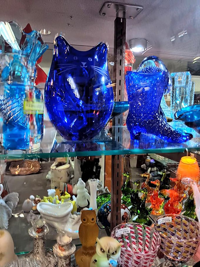 Cobalt blue glass treasures catch the light like sapphires. That cat figurine has probably witnessed more history than most history books.