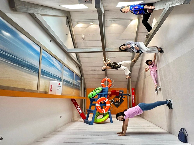 "Which way is up?" becomes the question of the day in this gravity-defying room that turns visitors into wall-crawling superheroes.